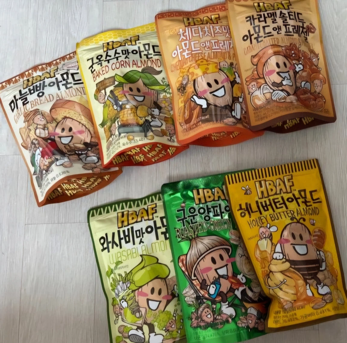 HBAF 바프 아몬드 120G 7개 세트 허니버터 와사비 군옥수수 마늘빵 카라멜 솔티드 프레첼 구운양파 체다치즈 | 송파1동 | 가공식품 | 당근 중고거래