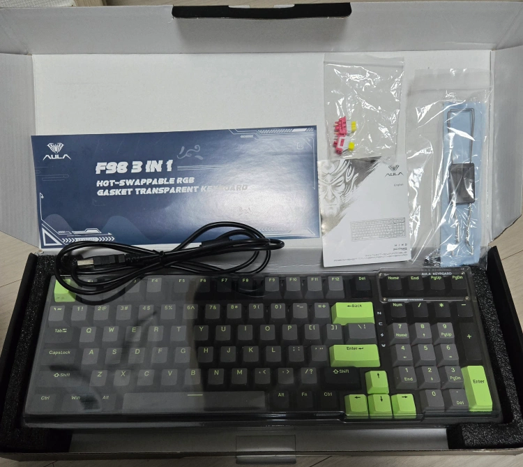 AULA F98 PBT RGB 풀윤활 유무선 기계식 블랙 그레이 그린 (황축) 독거미 키보드 | 대소원면 | 디지털기기 | 당근 중고거래